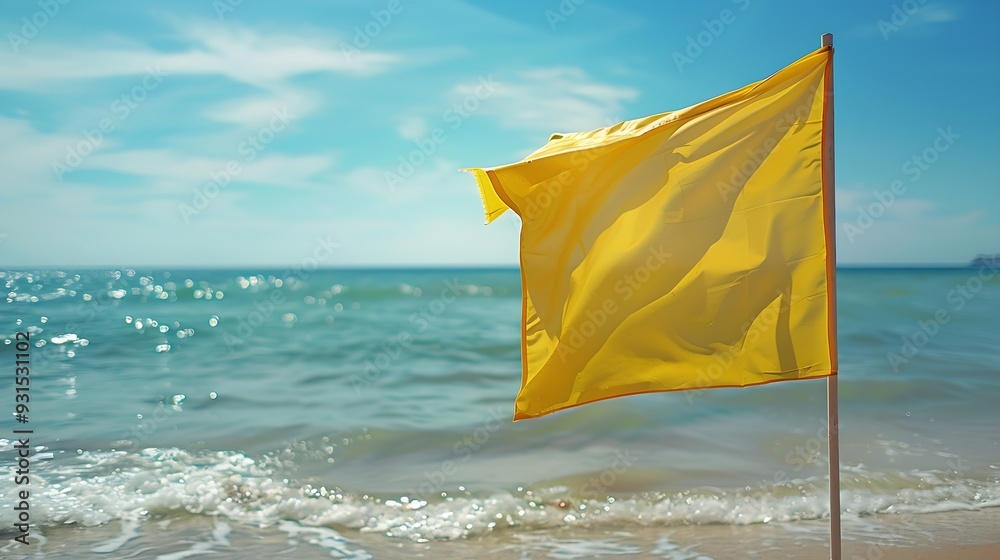 Yellow flag on the beach in summer summer lifeguards sign to bathe ...
