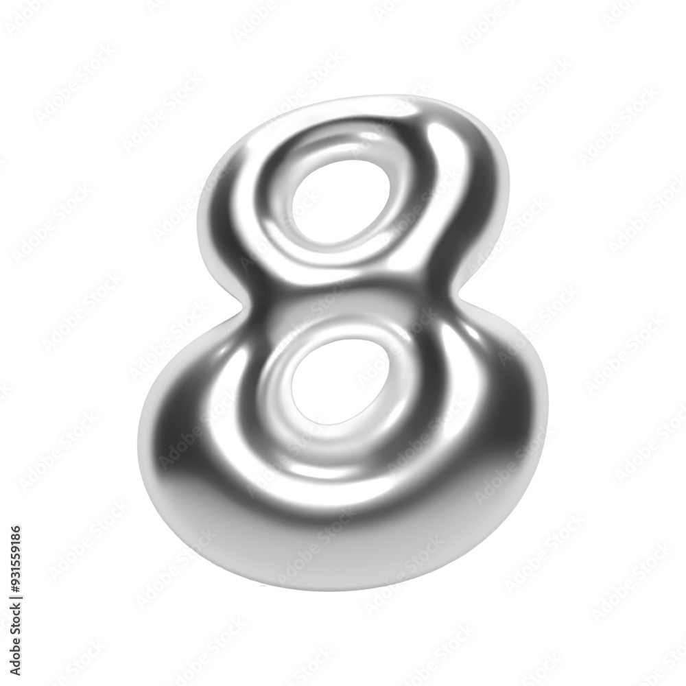 3D chrome number 8 in bubble Y2K futuristic style. Shiny silver glossy ...