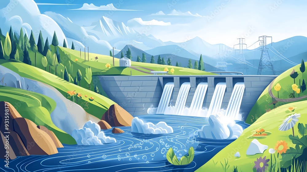 Diagram of water cycle with hydroelectric dam, clear labels and arrows ...