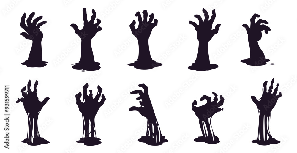 Halloween cemetery zombie hands silhouettes. Vector set of black spooky ...