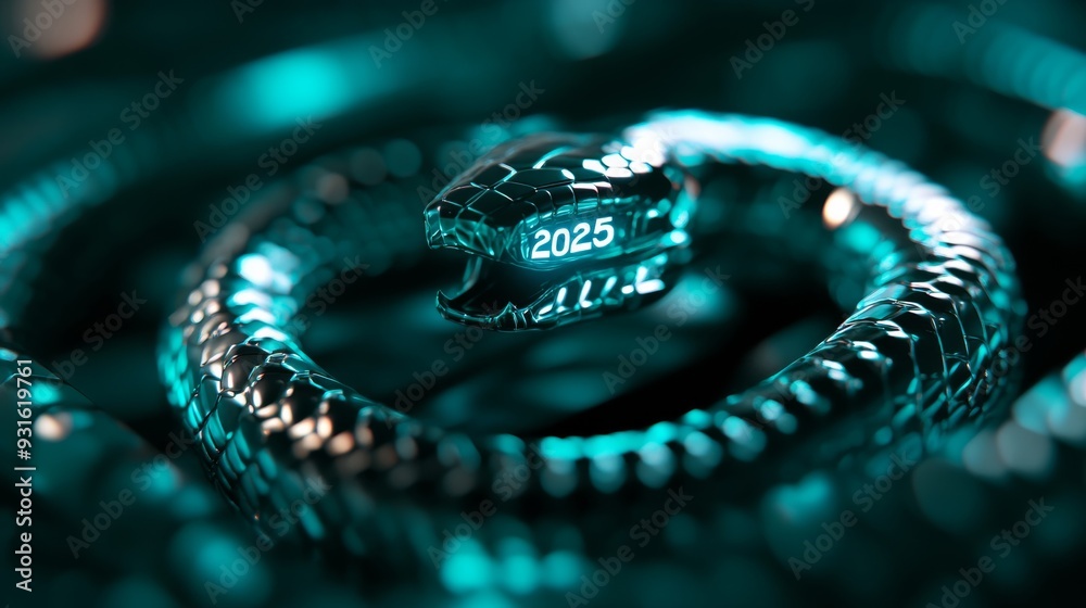Futuristic snake symbol for 2025, encircling a holographic 2025, chrome ...