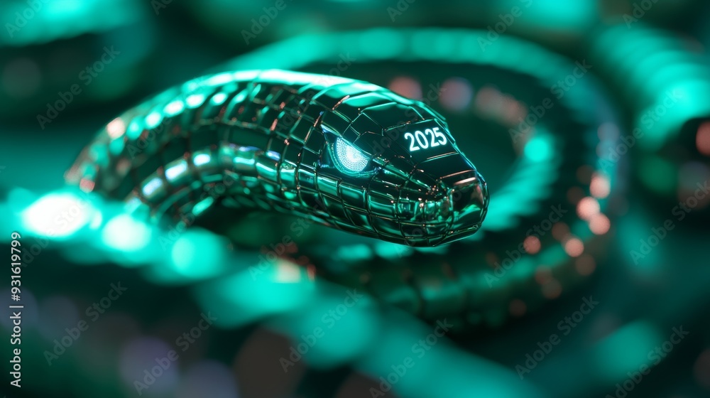 Futuristic snake symbol for 2025, encircling a holographic 2025, chrome ...