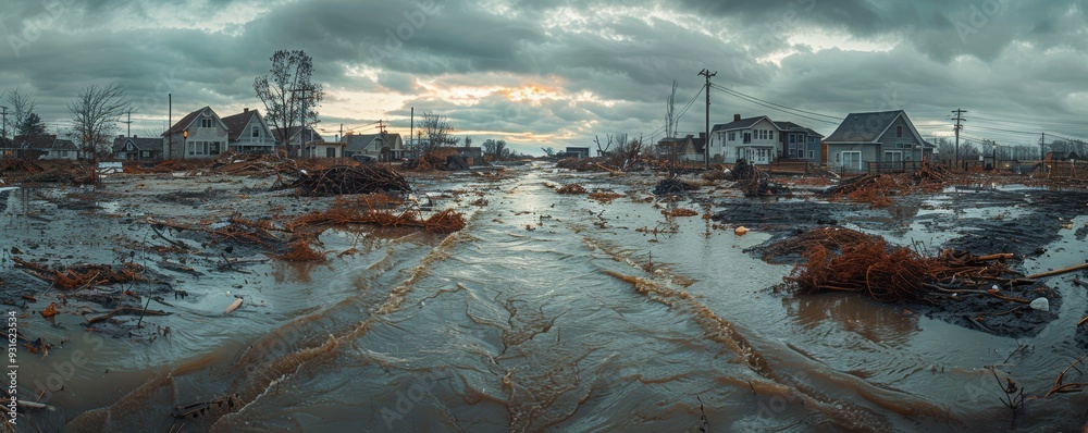 Foto de Stock Devastating aftermath of a natural disaster showing flood ...