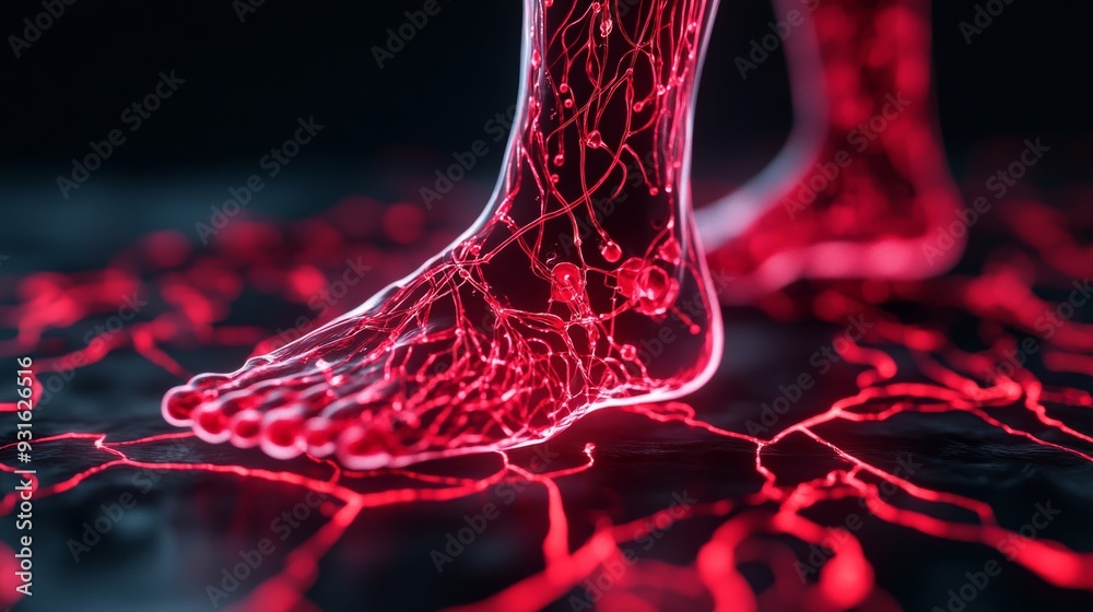 Glowing red nerve lines spreading from feet on dark gradient background ...
