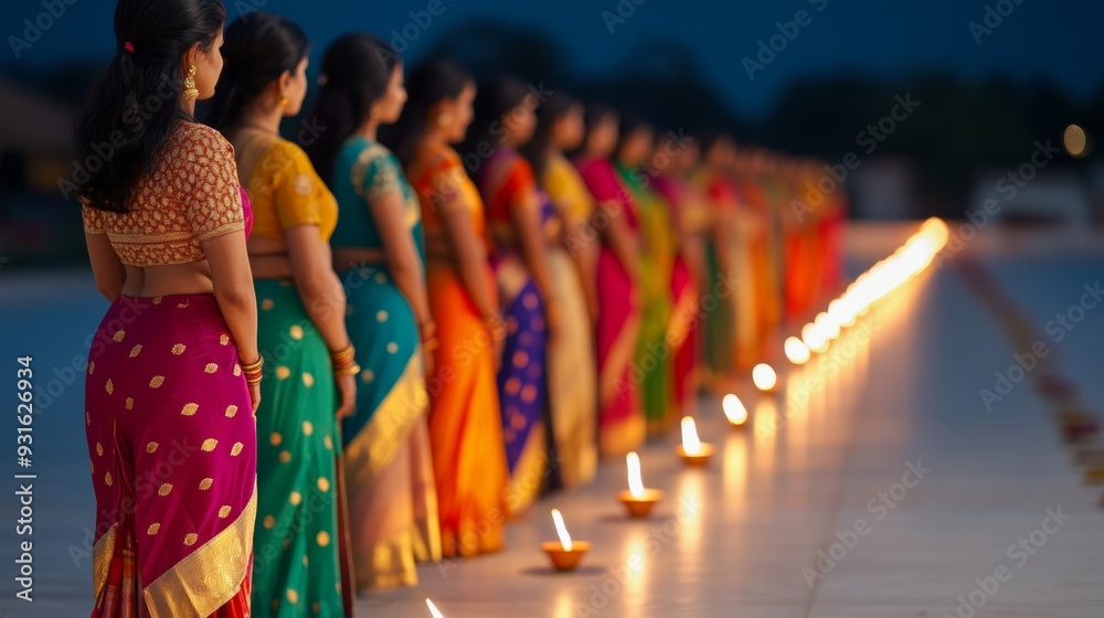 Gujarati women in traditional sarees performing aarti in a courtyard ...