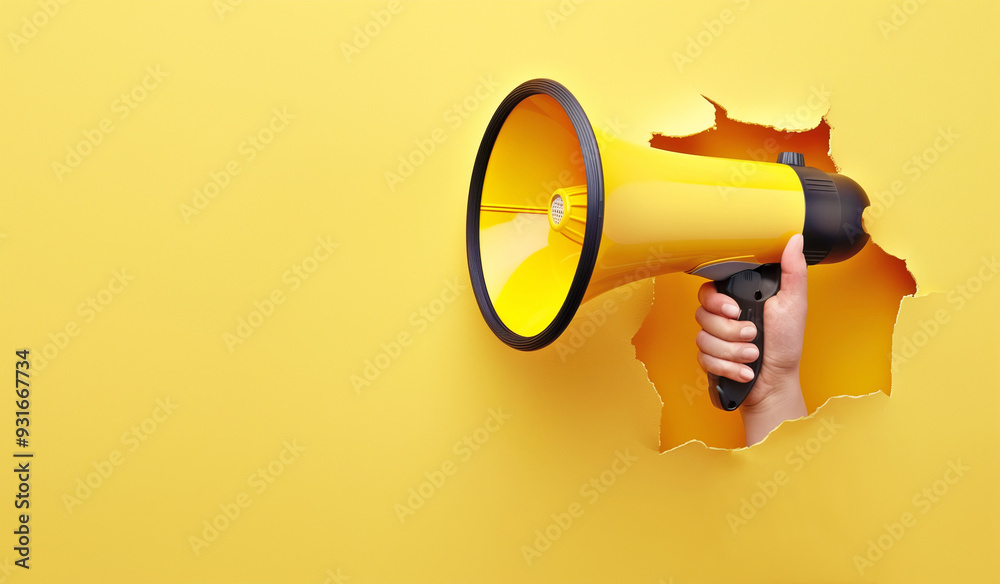 Hand holds a megaphone from a hole in the wall on a yellow background ...