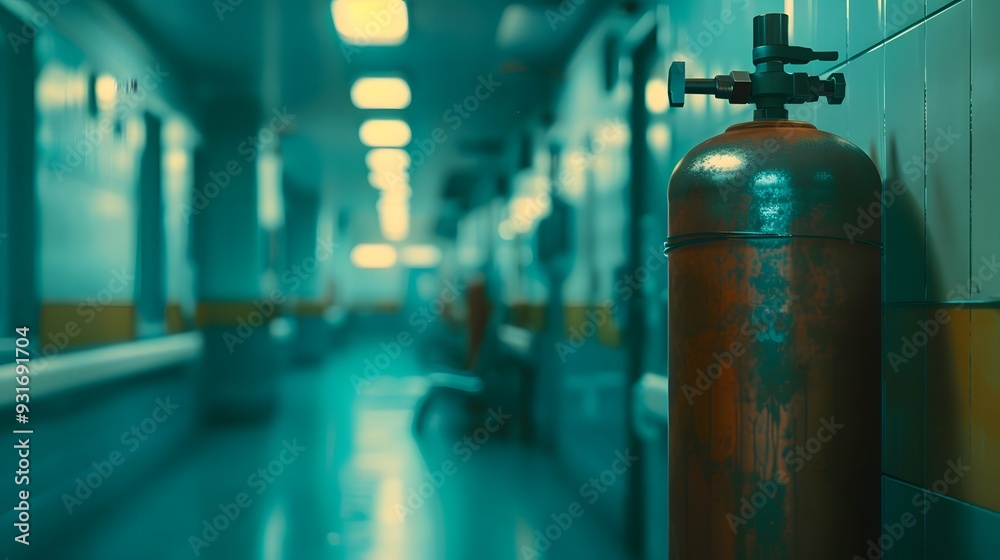 Cinematic depiction of an oxygen cylinder in a hospital setting. The ...