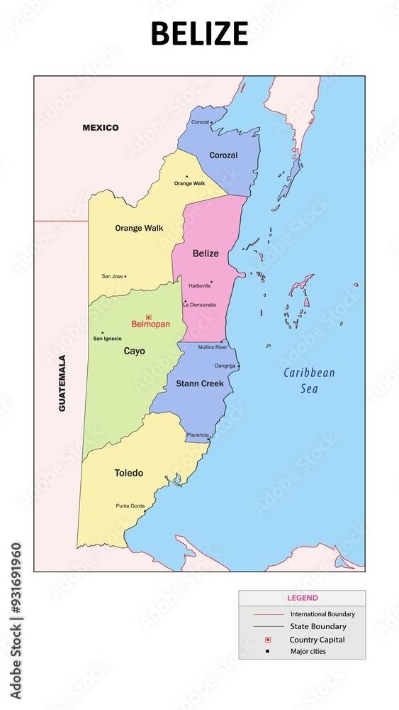 Belize Map. State and union territories of Belize with neighbouring countries. Political map of ...