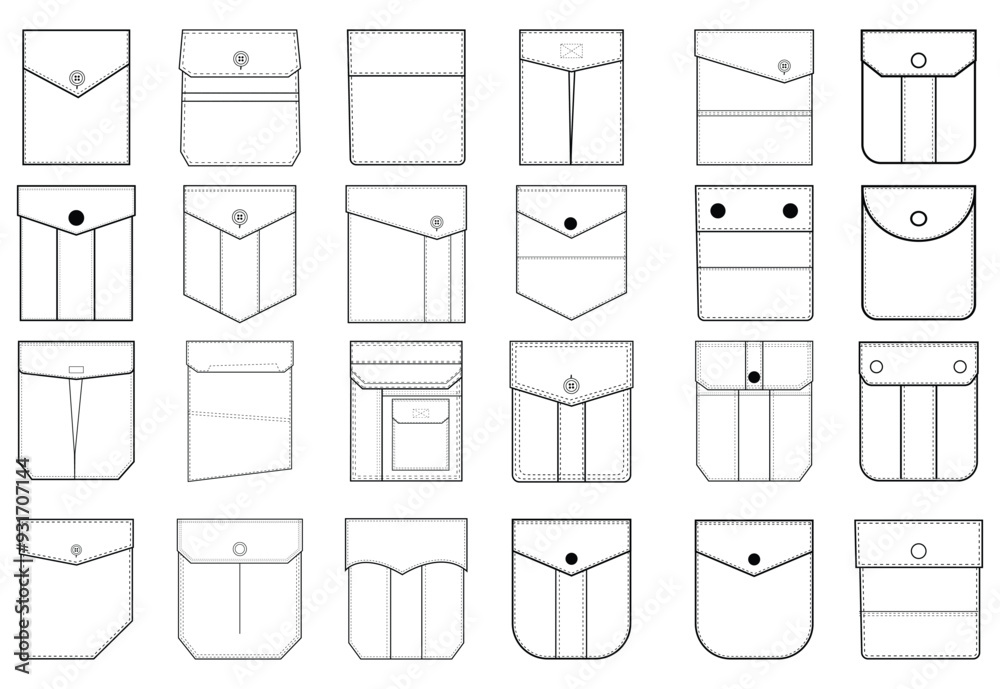 Different types of garment patch pockets pockets flat sketch vector ...