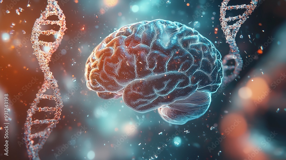 Digital brain and dna strands representing the connection between ...