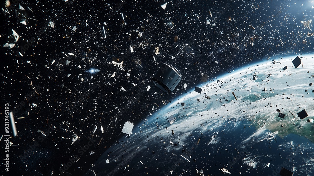 Image showing numerous pieces of orbital debris surrounding earth, highlighting the issue of ...