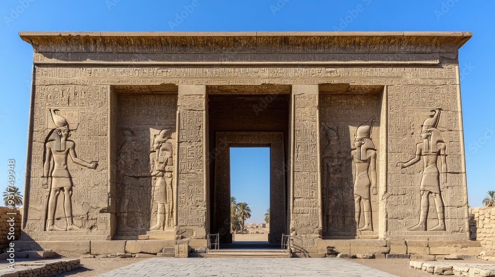 The entrance to Dendera Temple, with its massive stone gates framed by ...