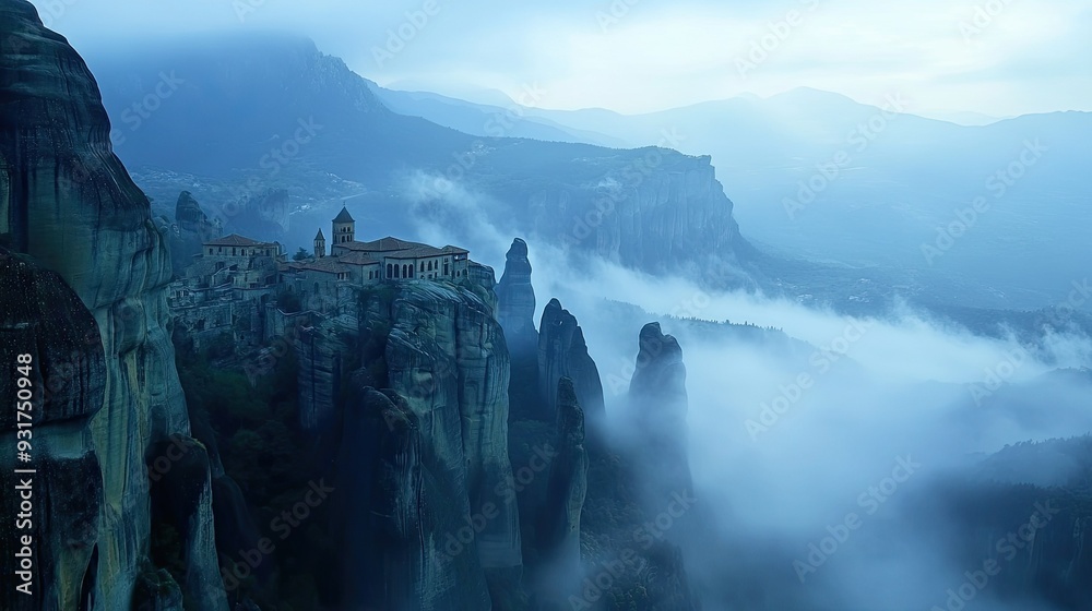 The Meteora monasteries shrouded in early morning fog, creating an ...
