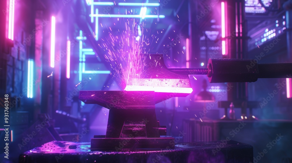 Neon Forge: A blacksmith's anvil sparks to life amidst a vibrant ...