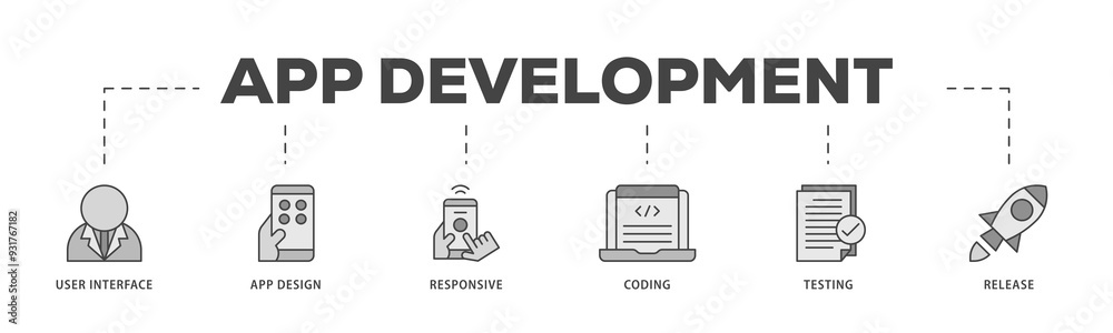 App development icons process structure web banner illustration of ...