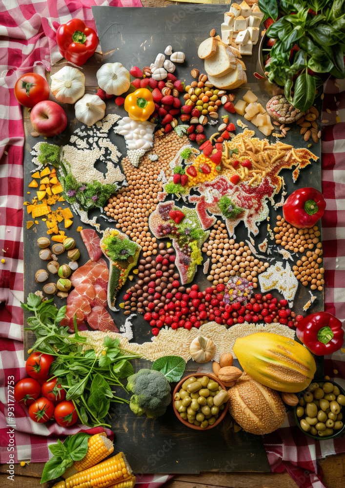 Colorful world map built out of various food and exotic food from all ...