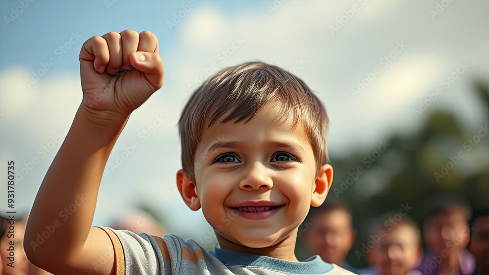 Little boy raised his right hand in a clenched fist above his head in ...