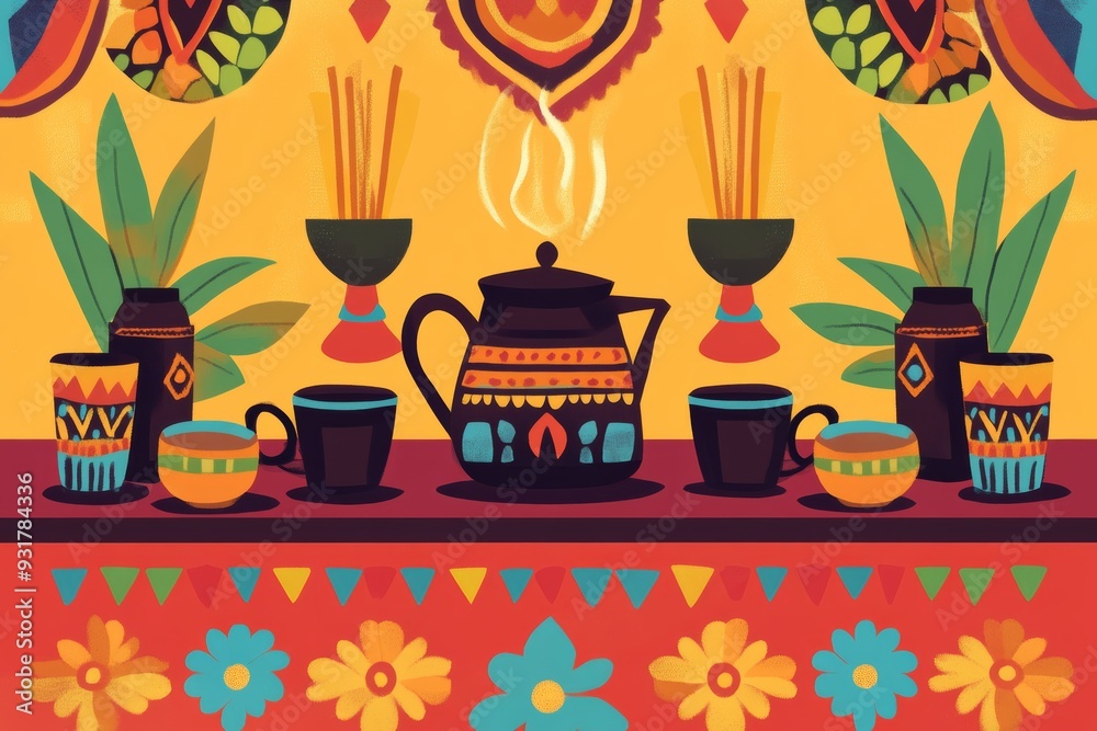 Ethiopian coffee ceremony setup, including a jebena (coffee pot), cups ...