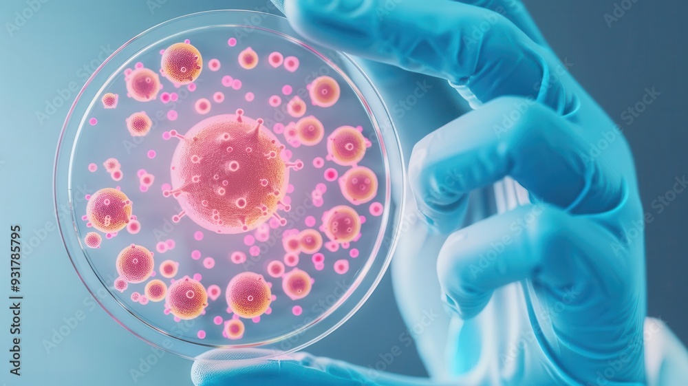 Scientist examining bacteria culture in a petri dish under a UV light ...