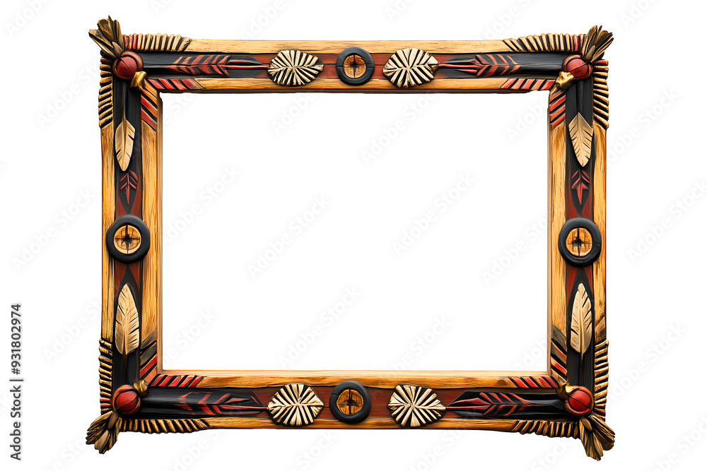 Native American inspired handcrafted wooden picture frame. Isolated ...