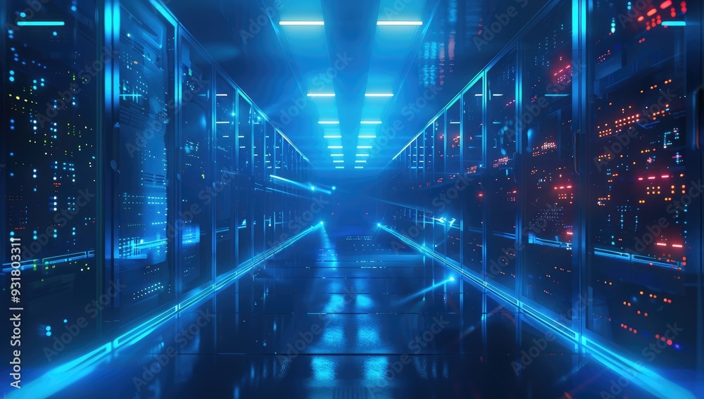 Blue glowing light, data center background banner with server room in ...