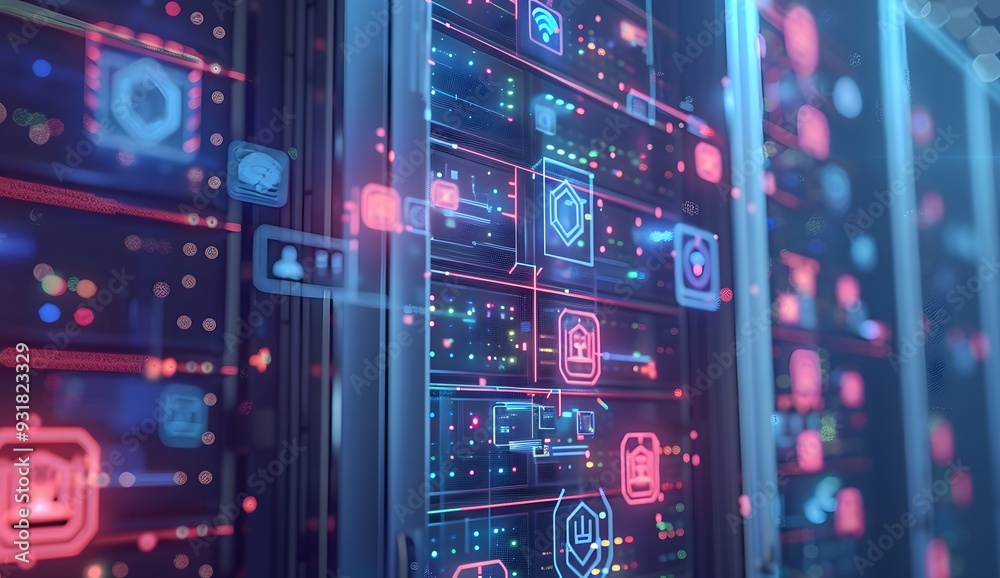 A close up of an open data center server rack with glowing holographic ...