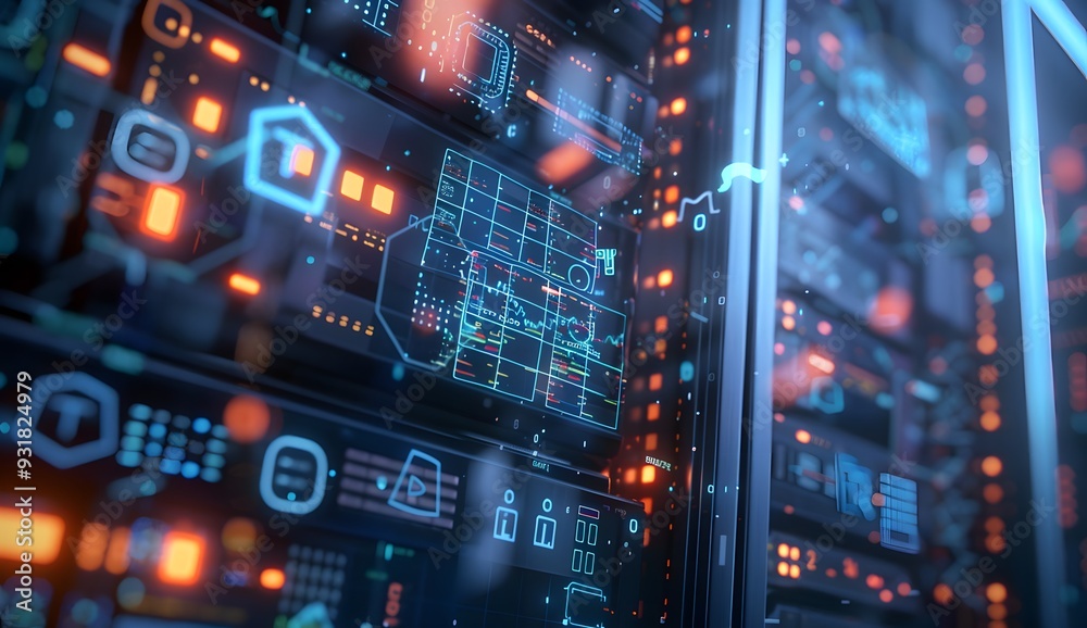 A close up of an open data center server rack with glowing holographic ...