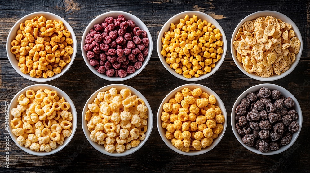 An artistic arrangement of different types of sugary cereals in ...
