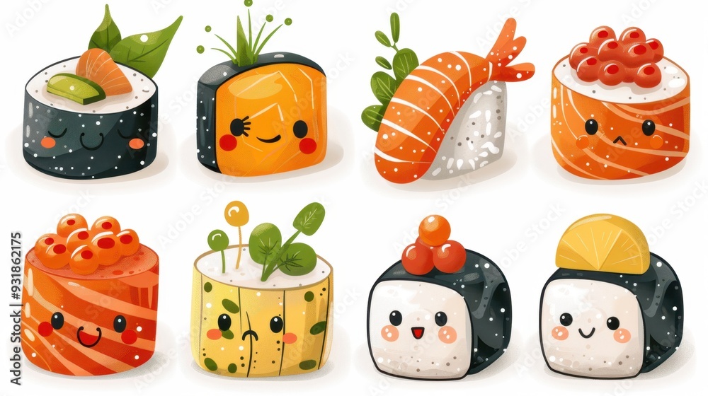 Pop color illustrations of Japan's traditional Cute Food Sushi (Futo ...