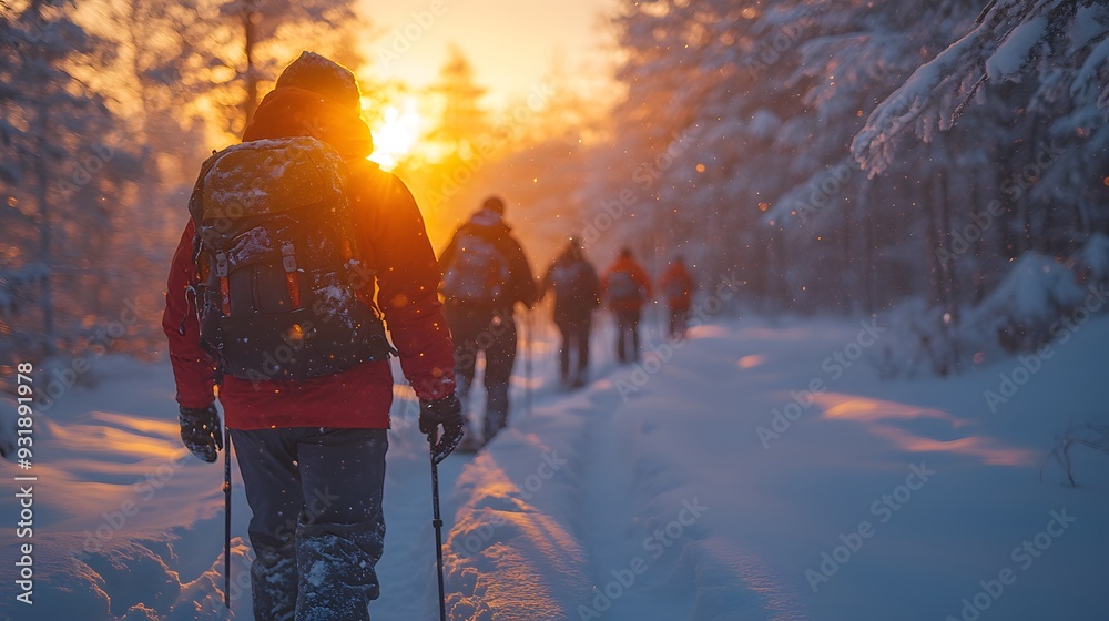 A group of friends snowshoeing through a peaceful forest, enjoying the ...