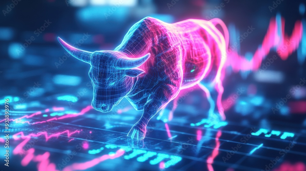 Cyber Bull: A futuristic, 3D rendering of a glowing bull charging ...