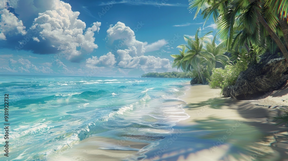 A serene beach with turquoise waters and white sands, palm trees ...