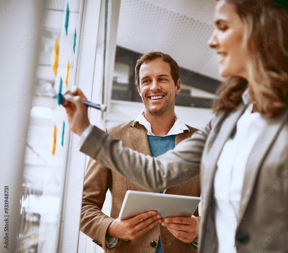 Sticky notes, planning and business people with tablet on glass for ...