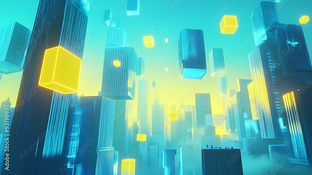 Illuminated Futuristic Cityscape with Floating Geometric Shapes ...