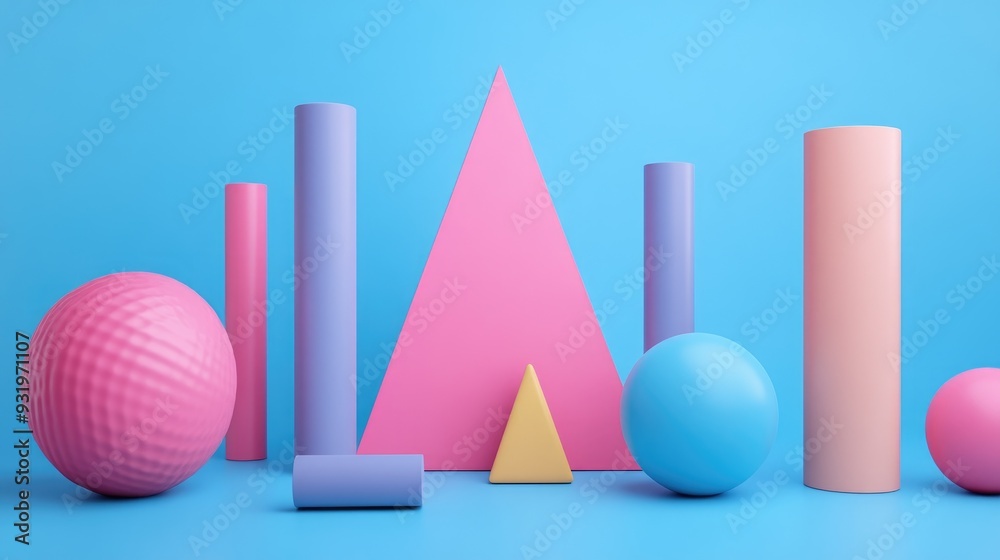 3D illustration of geometric shapes against a blue and pink background ...