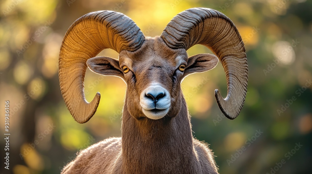 Portrait of a bighorn sheep, showing off its magnificent horns and ...