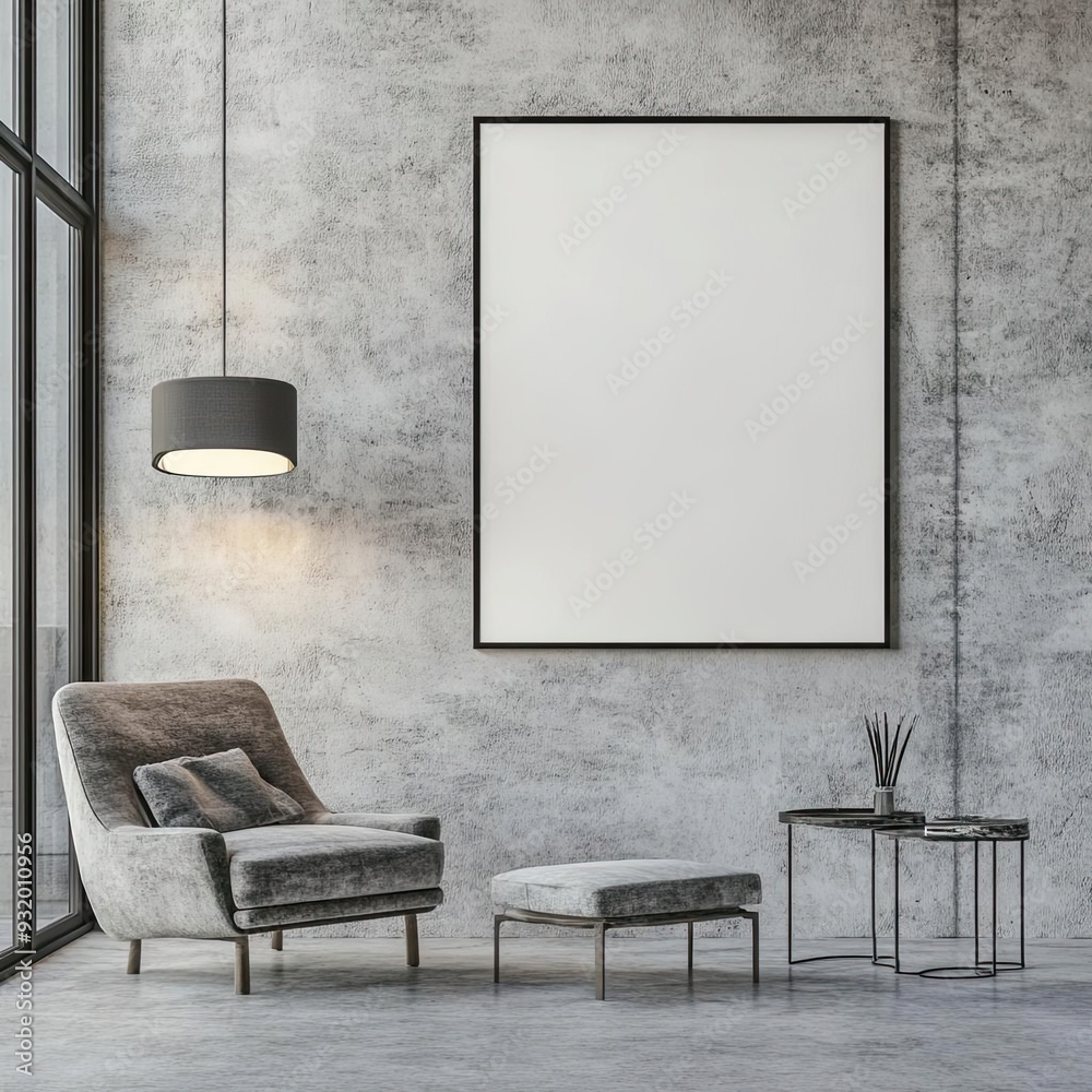 A1 paper size frame mockup in a minimalist loft, exposed concrete walls ...