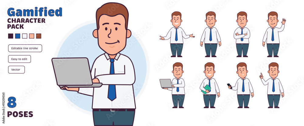 Simple flat gamified business man male vector character in a set of ...