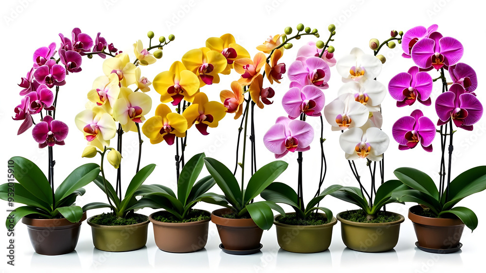 Different Color Dendrobium Orchid Varieties in Pots on White Background ...