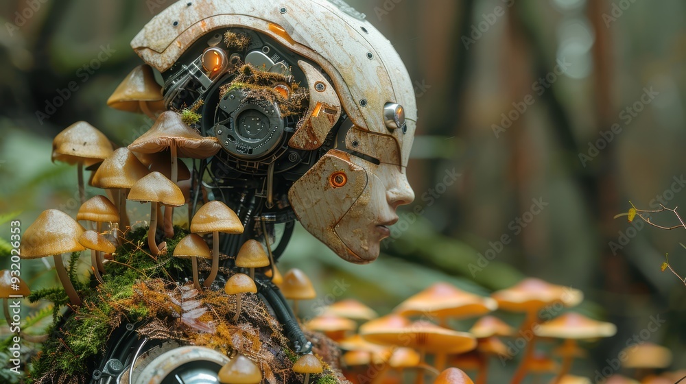 Cyborg Evolution, a decaying wooden robot entwined with vibrant ...