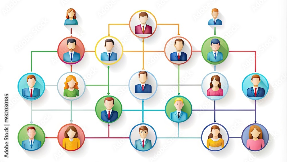 Colorful diagrams illustrating company hierarchy, departments, and ...