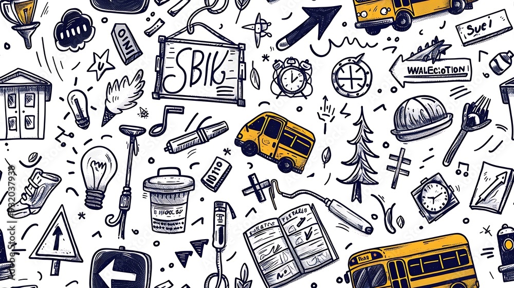 A seamless doodle pattern featuring school bus essentials like yellow ...