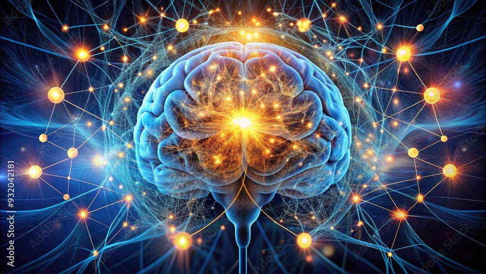 Complex illustration of a glowing brain with neurons, thoughts, and ...