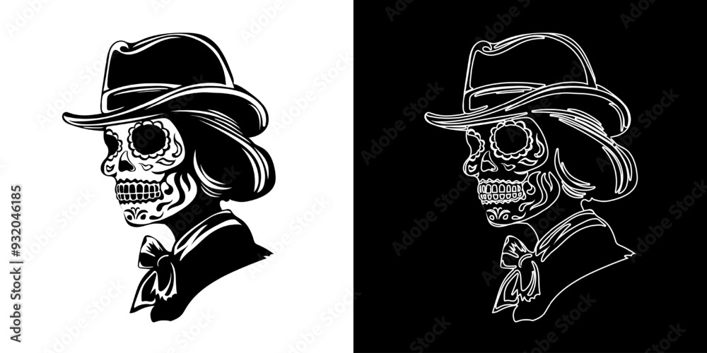 Illustration of two Calavera Catrina skulls in profile with intricate ...