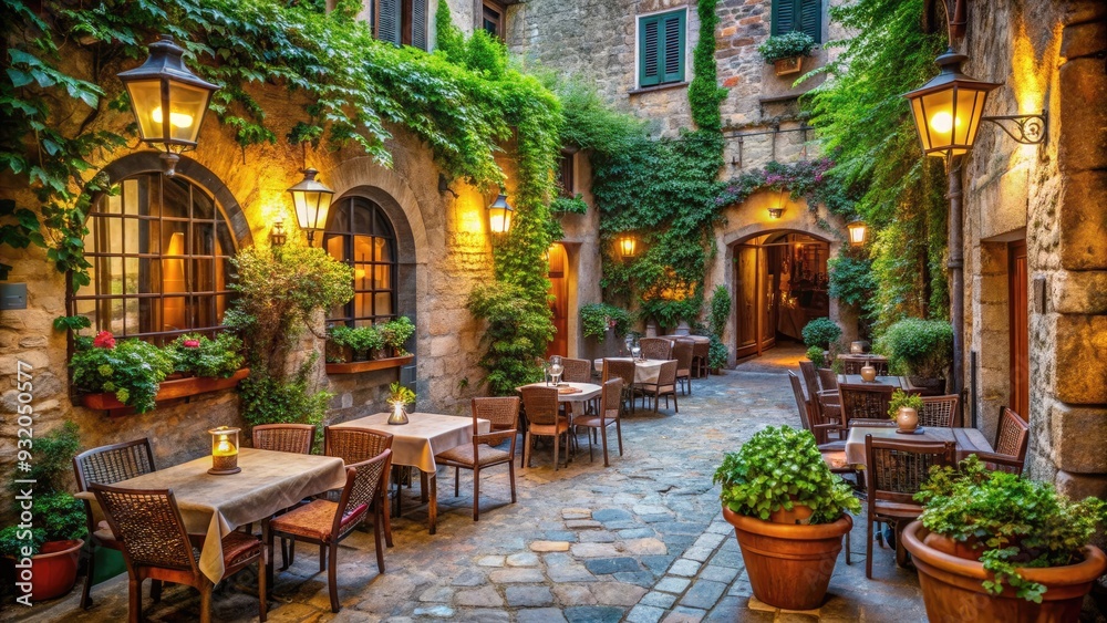 Cozy outdoor seating area of a traditional Italian restaurant, adorned ...