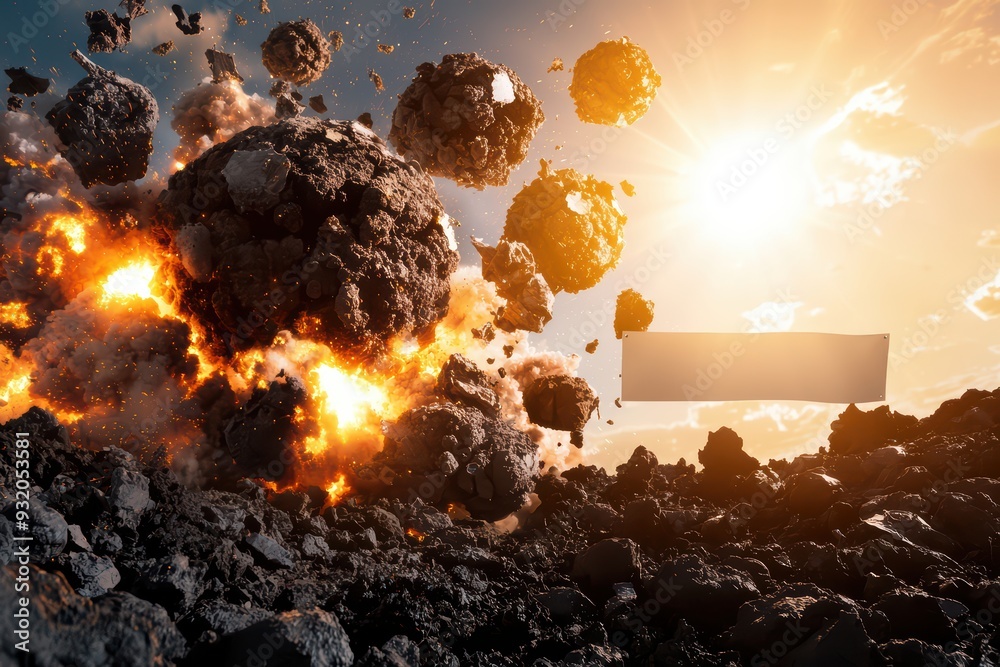 Dynamic explosion scene with flying debris and a radiant sun, capturing ...
