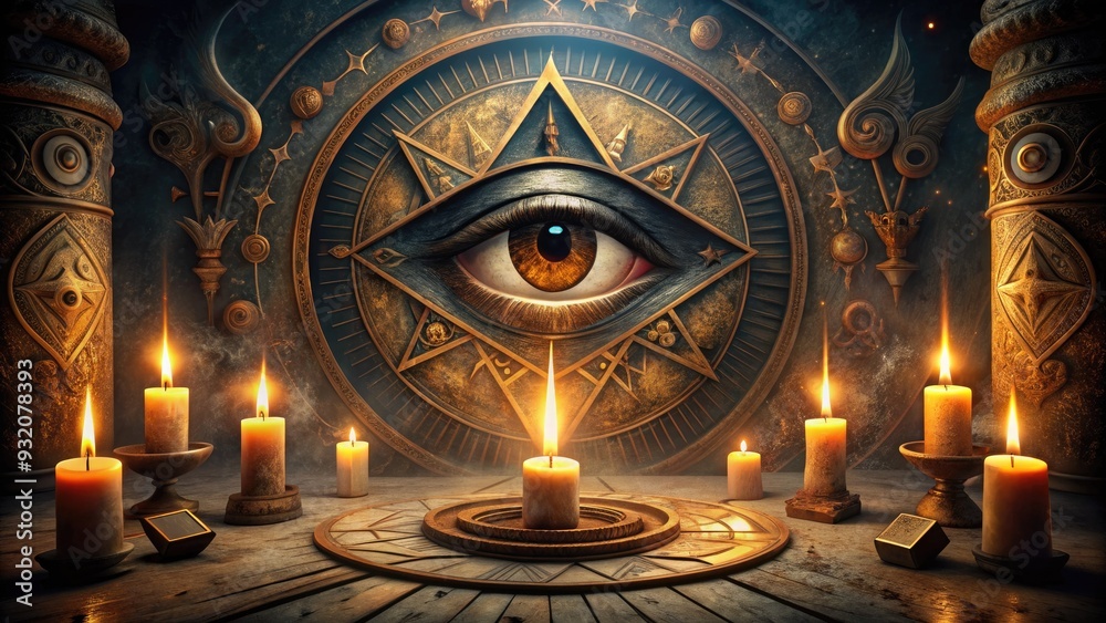 Eerie, mystical illustration of an all-seeing eye surrounded by cryptic ...