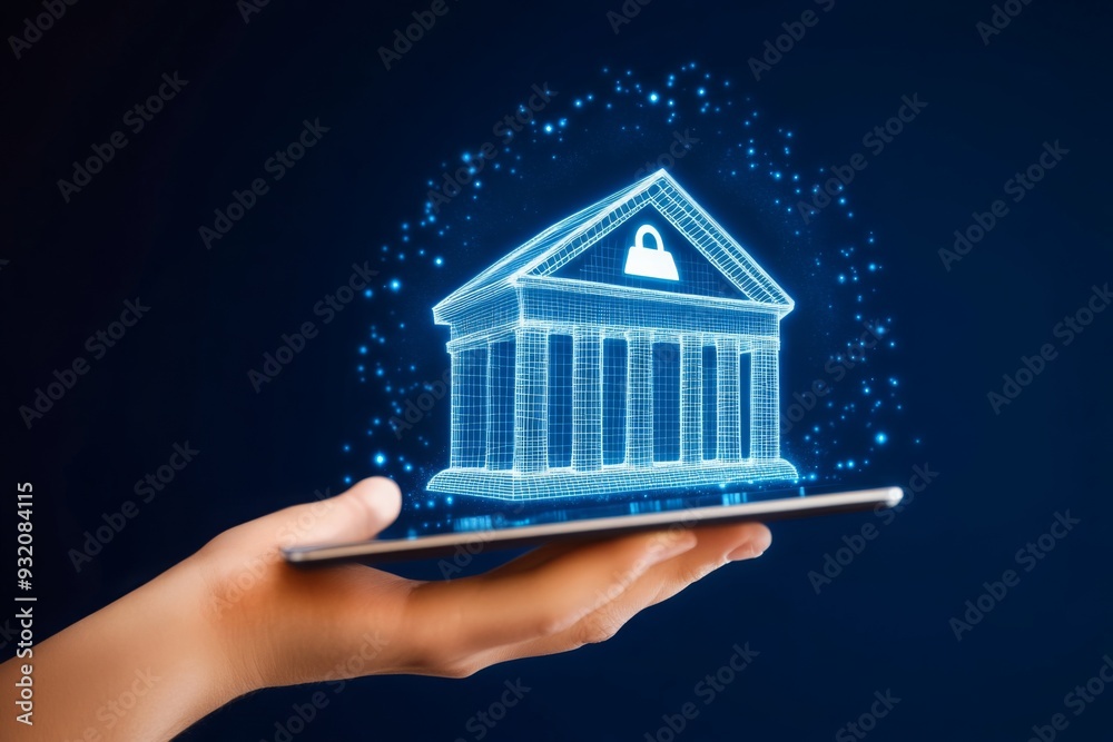 Digital Banking Security. A glowing 3D bank building icon rendered in a ...