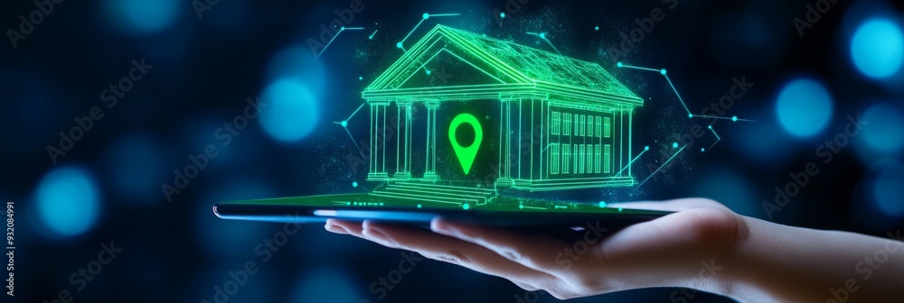 Digital Banking Security. A glowing 3D bank building icon rendered in a ...