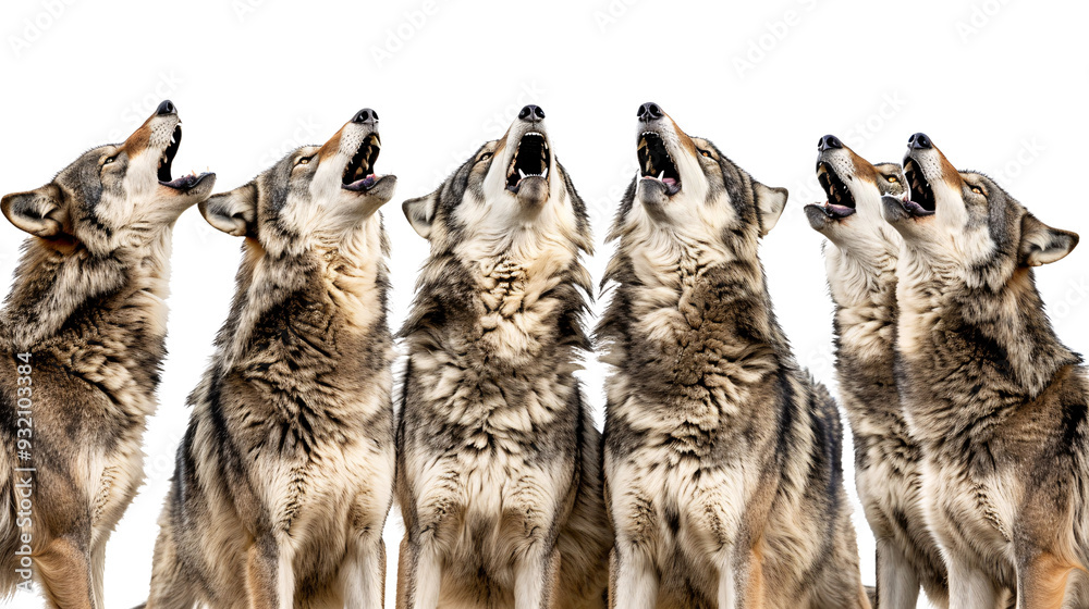 Wolf pack howling after a successful hunt, white background for clipping Stock Photo | Adobe Stock